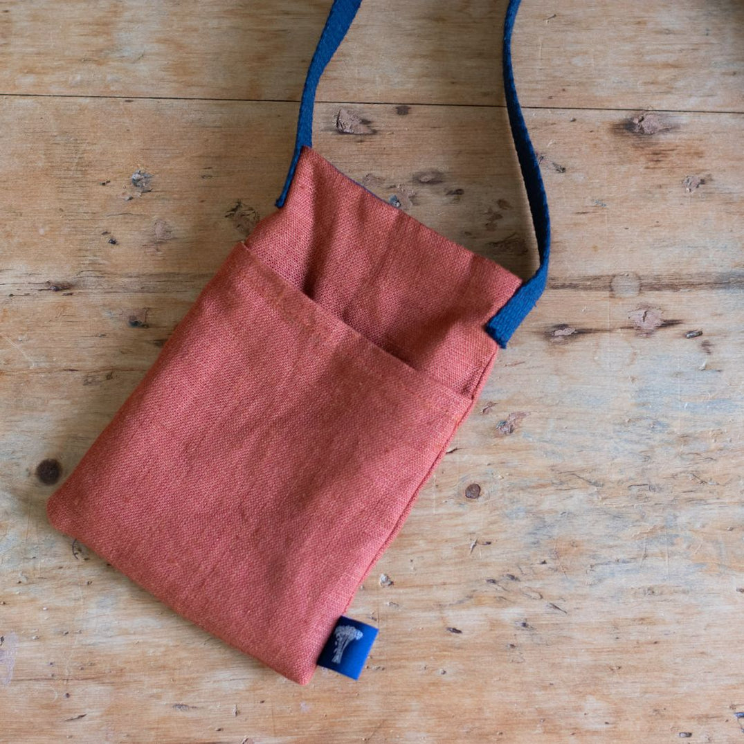 Linen Phone Pouch Bag with Dark Blue Velvet Lining