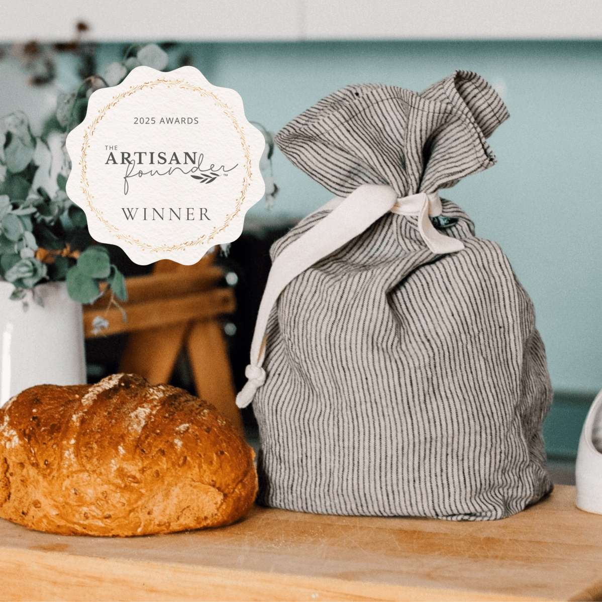 Striped Dark Blue/Natural Linen Bread Bag