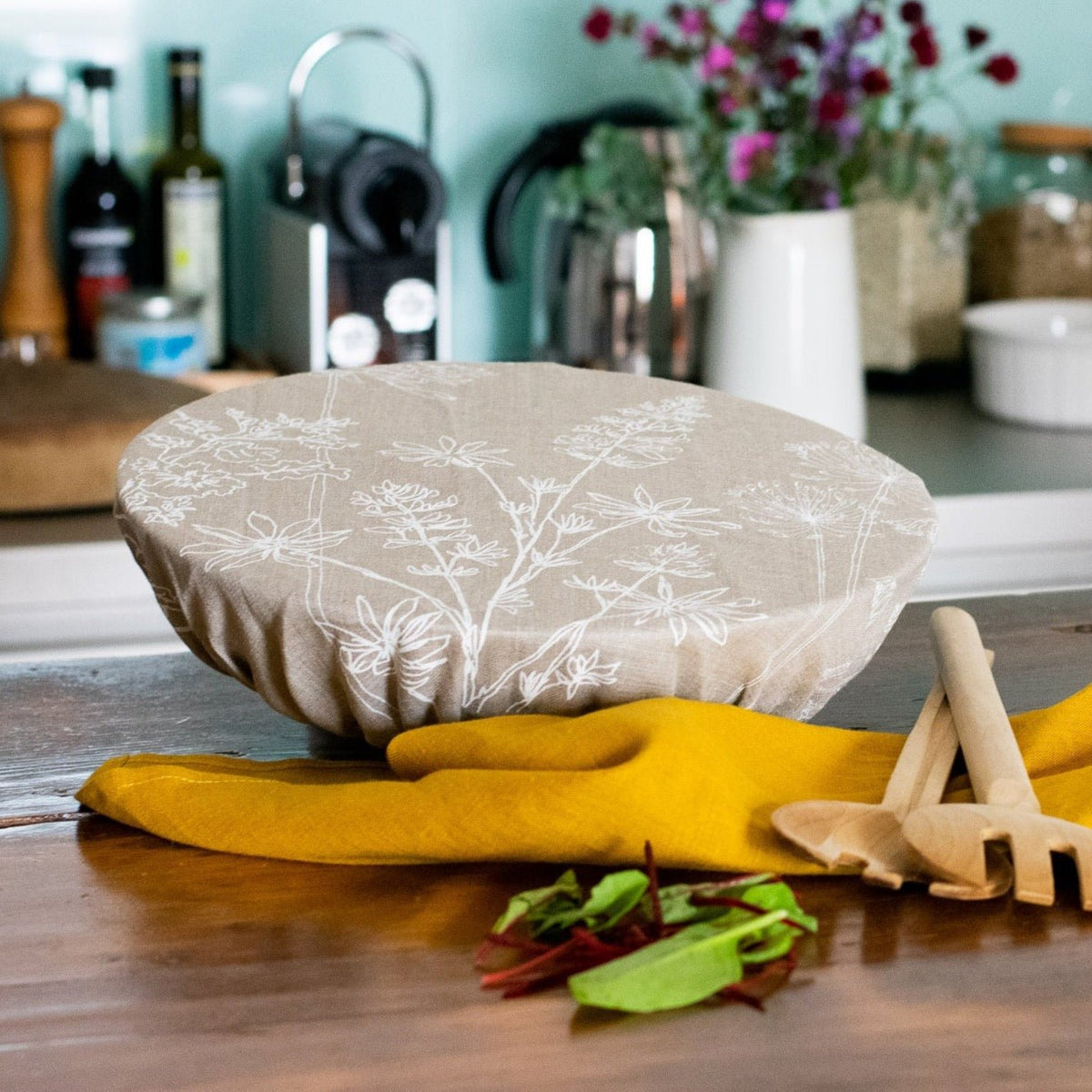 Large Linen Bowl Cover with Floral Design - 45cm Diameter