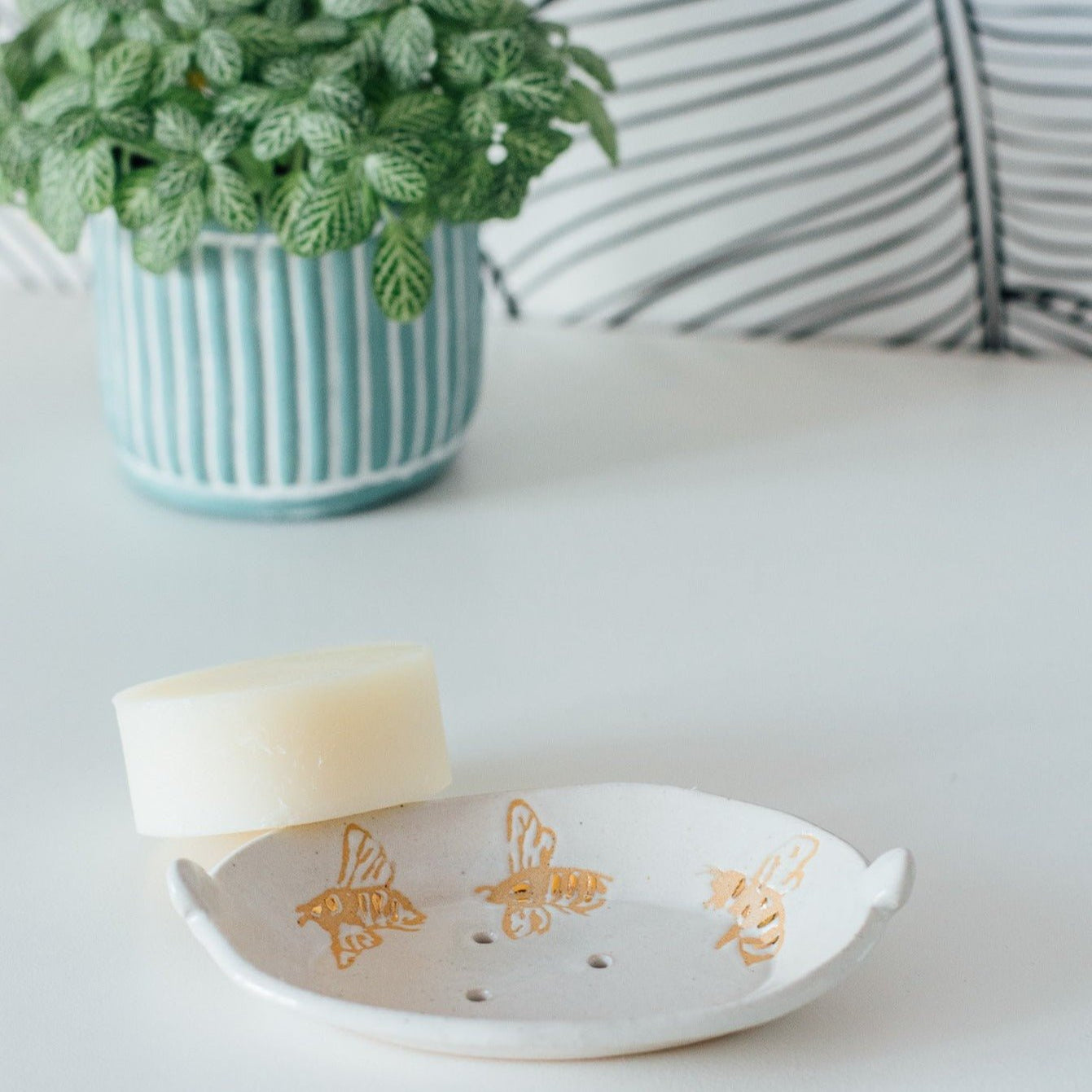 Hand-Built Ceramic Soap Dish - Bee Design or Gold Spot